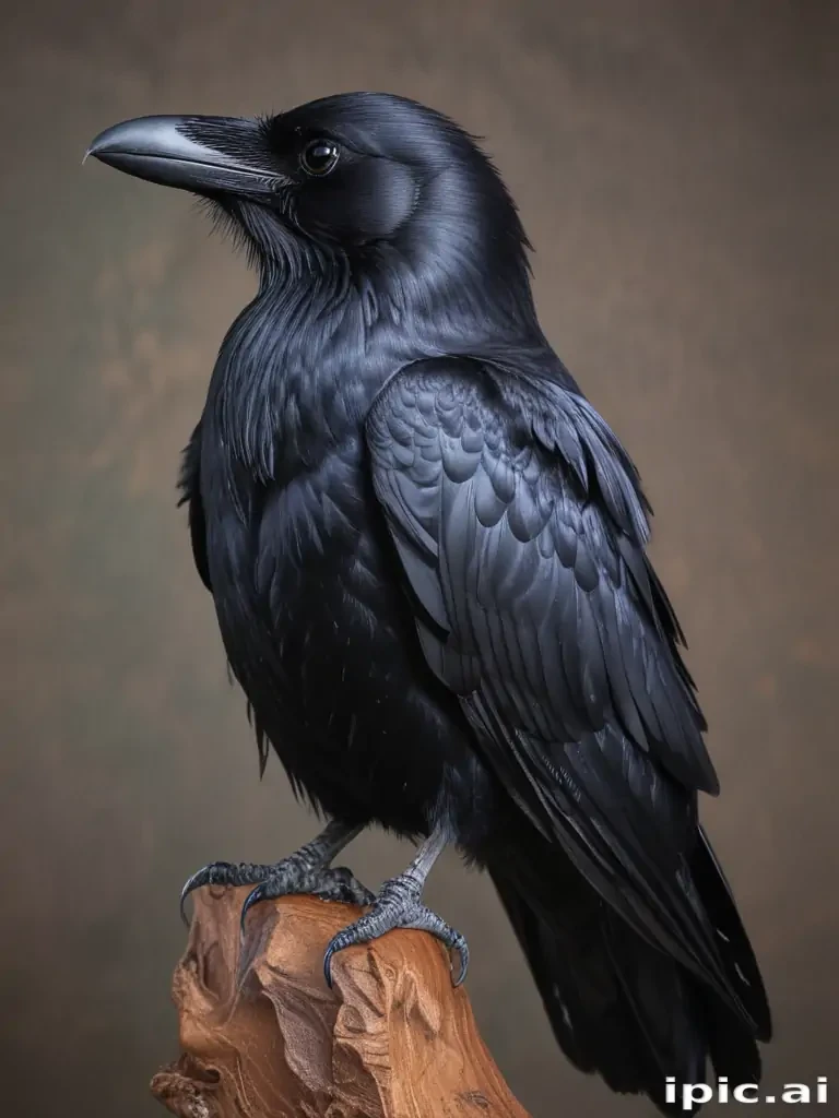 A Majestic Black Raven Perched Gracefully on a Natural Wooden Stand