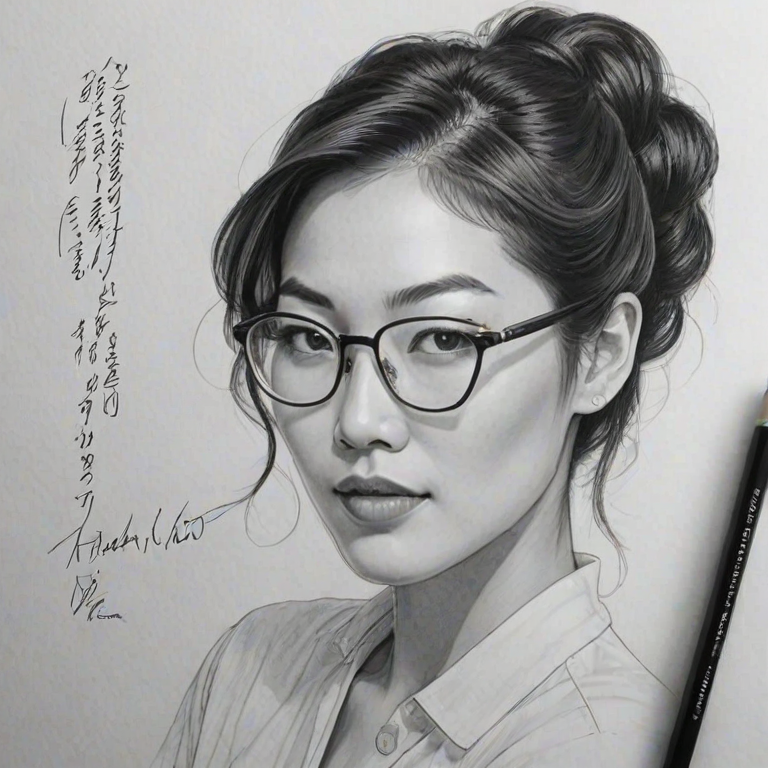 Intricate Pencil Portrait of a Young Woman with Glasses and Updo