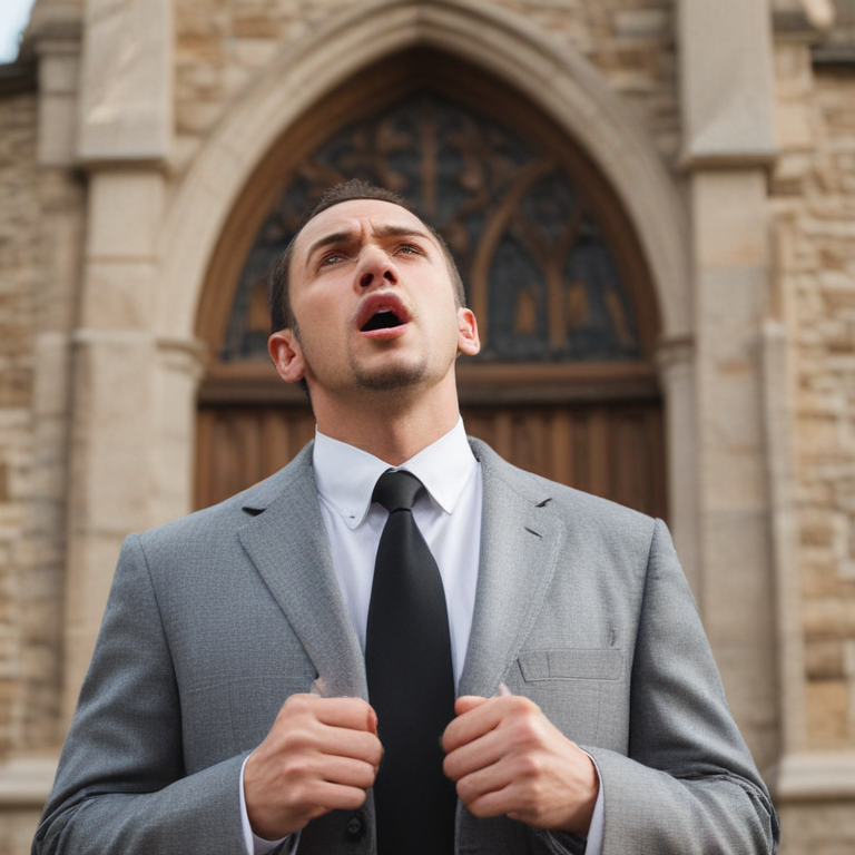 Angry preacher stands in front of church