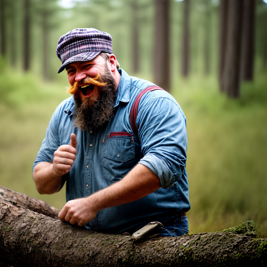 Lumberjack with long dark beard laughing at people