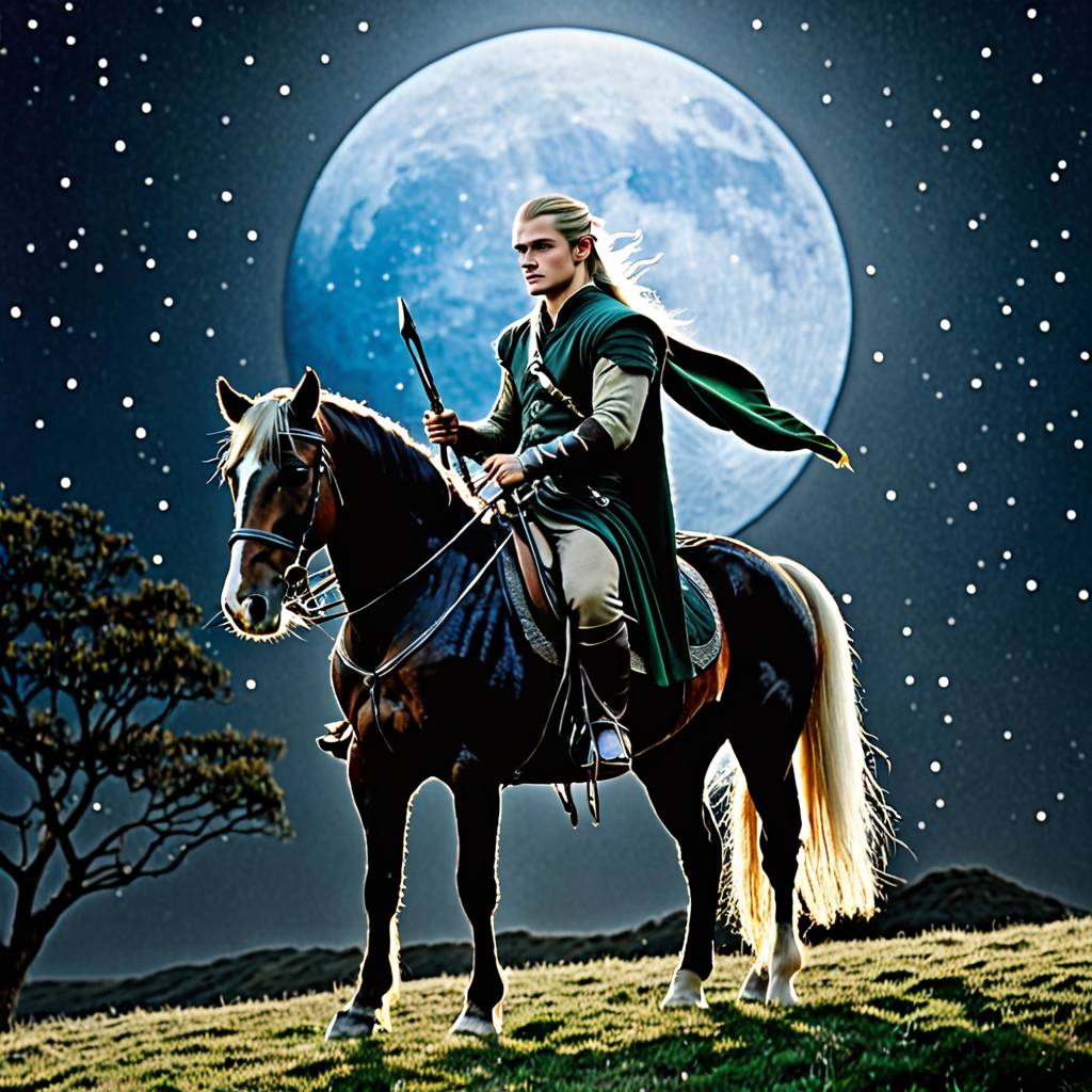 Legolas with his horse in front of the Moon