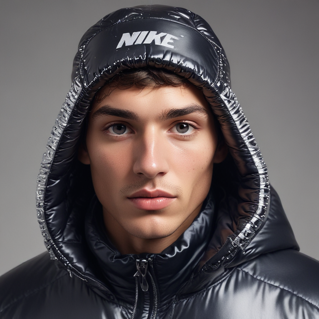 Male supermodel nike shiny puffer jacket bling jewellery hood headband