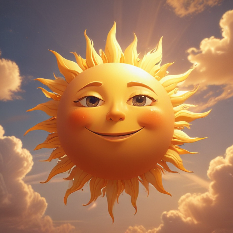 Cheerful Cartoon Sun Character with Bright Smile in a Cloudy Sky