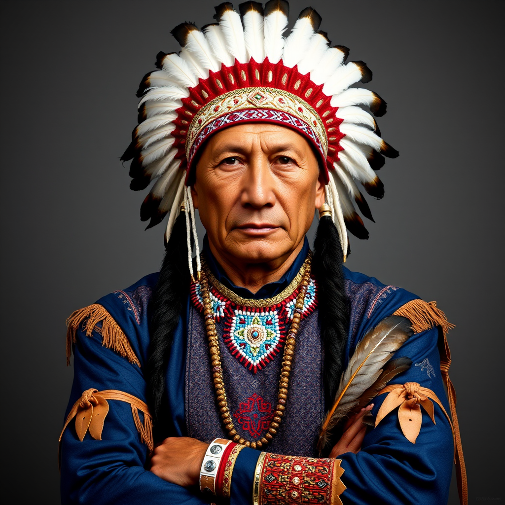 Portrait of a Traditional Native American Chief in Full Regalia