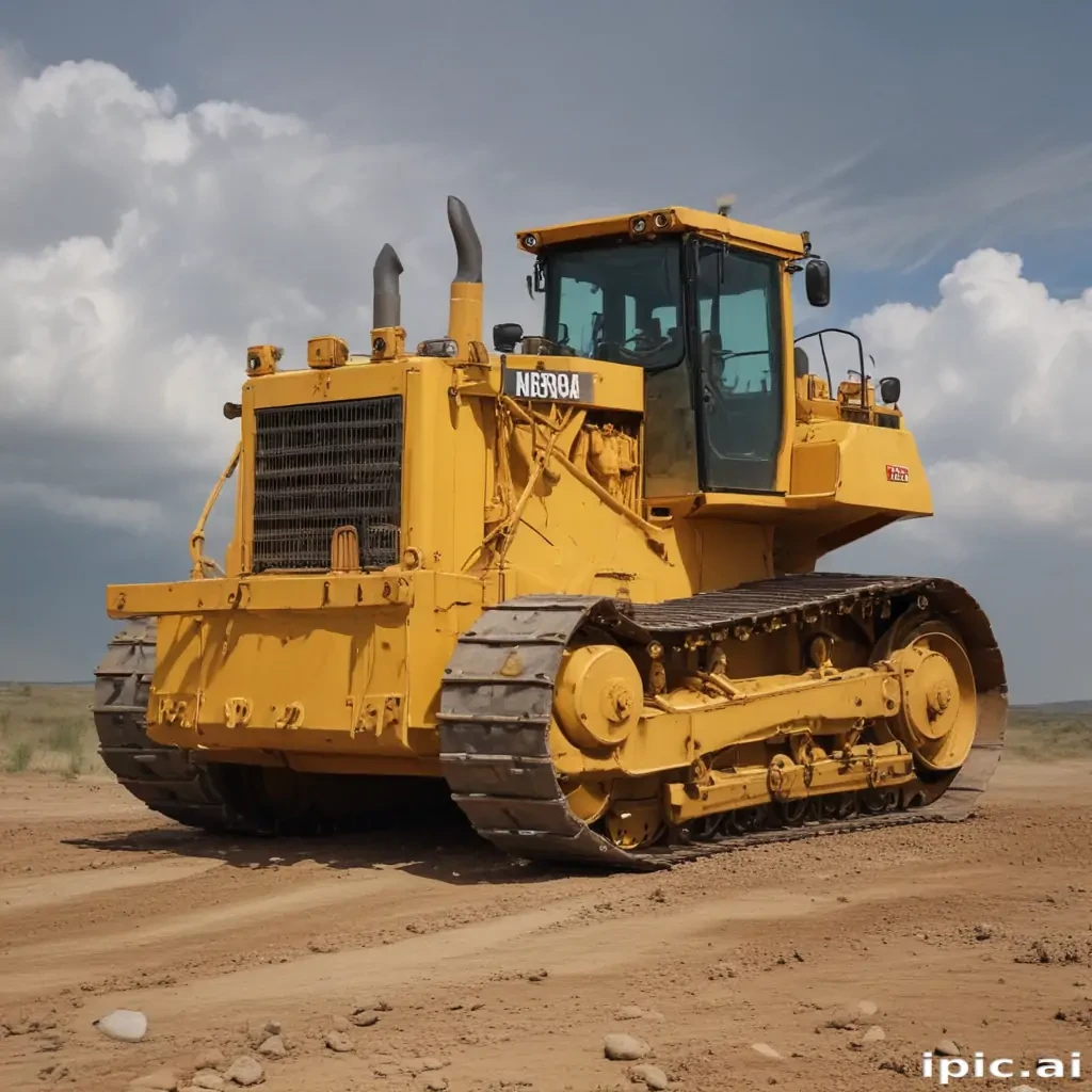 Powerful Yellow Bulldozer on a Dirt Road Under a Cloudy Sky
