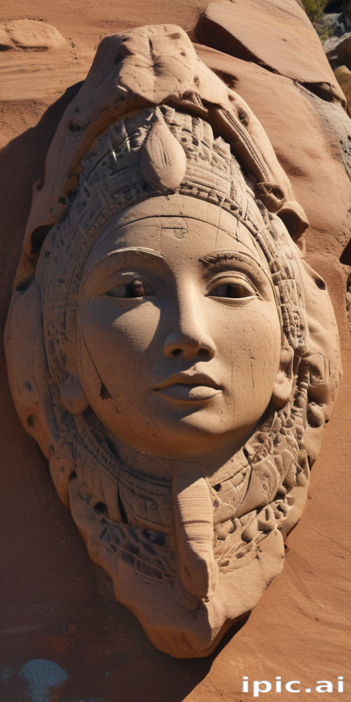 Intricate Stone Carving of a Face Surrounded by Natural Elements