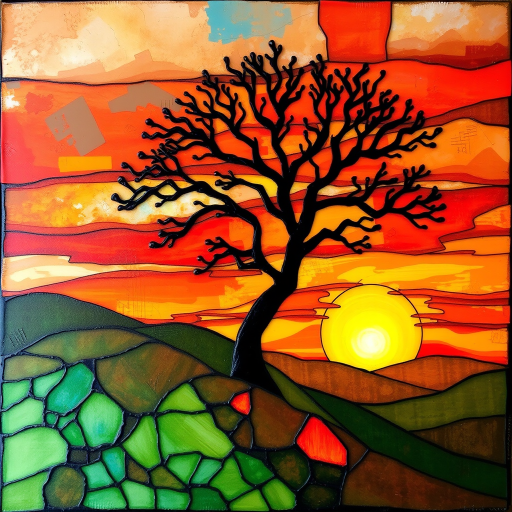 Vibrant Sunset Landscape Featuring a Silhouette of a Leafless Tree