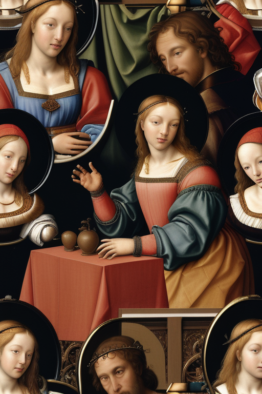 Intricate Composition of Historical Figures in Vibrant Renaissance Artwork