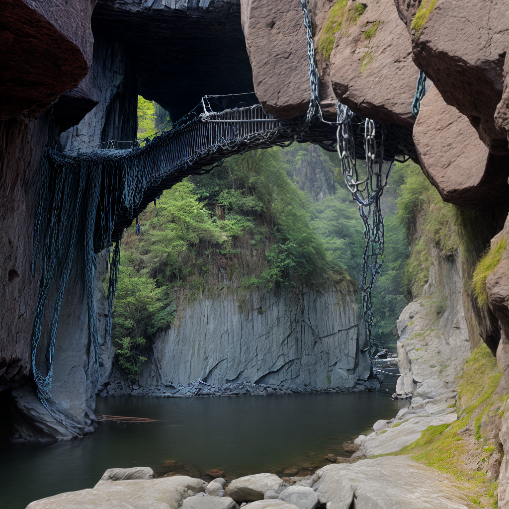 a bridge across a chasm made of silky chains