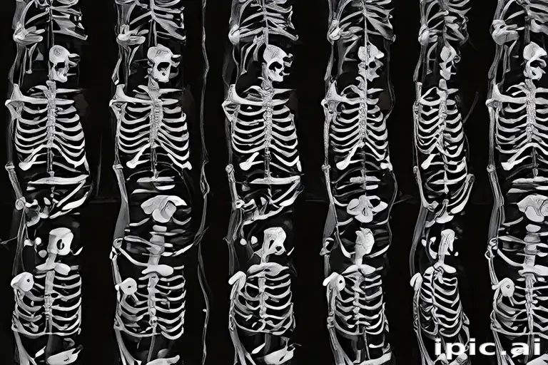 Display of Human Skeletons Arranged in Vertical Columns Against a Dark ...