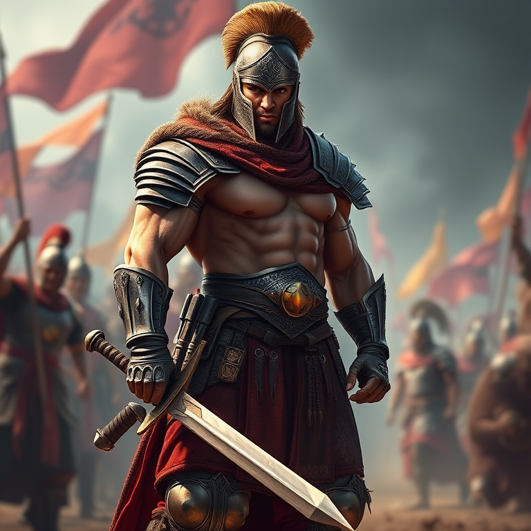Valiant Warrior Standing Tall Amidst a Fearsome Battlefield of Legends