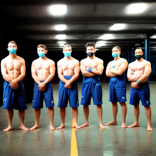 Full body frontal view of a group of barefoot guys in a factory warehouse.
