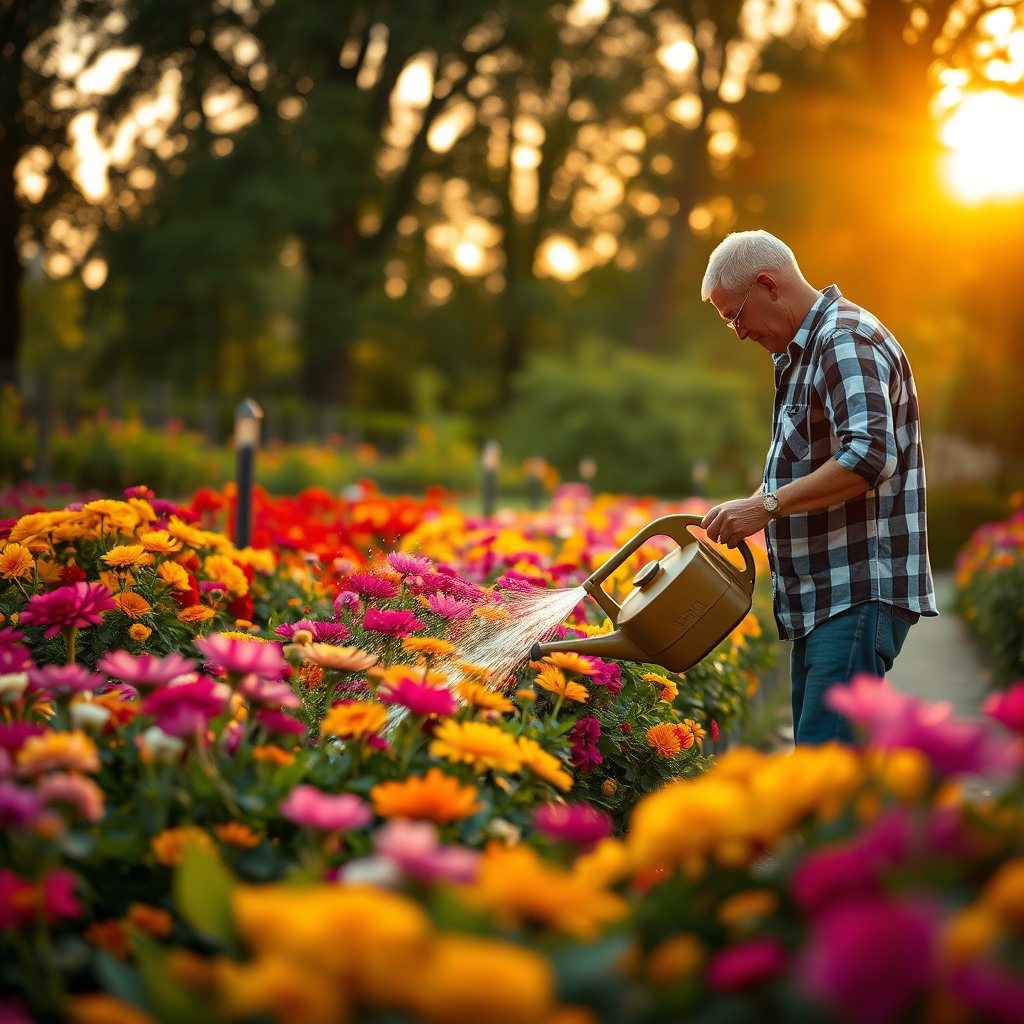 A man watering a vibrant flower garden at sunset, soft golden light ...