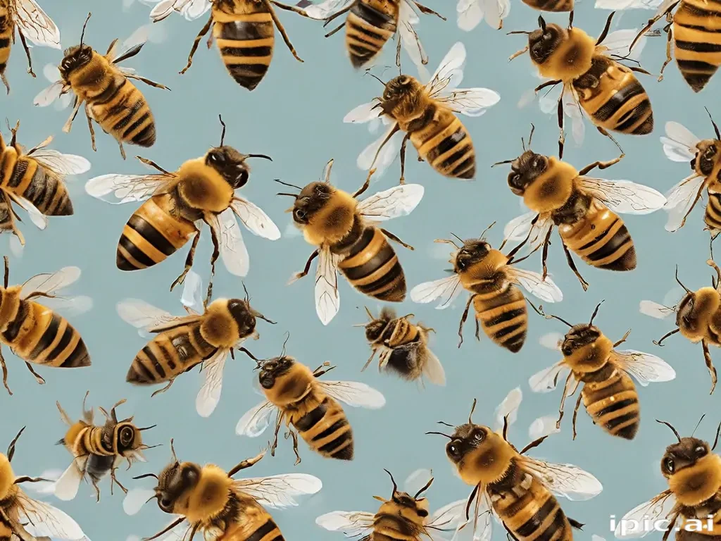 A Busy Swarm of Honey Bees Buzzing Around a Light Blue Background