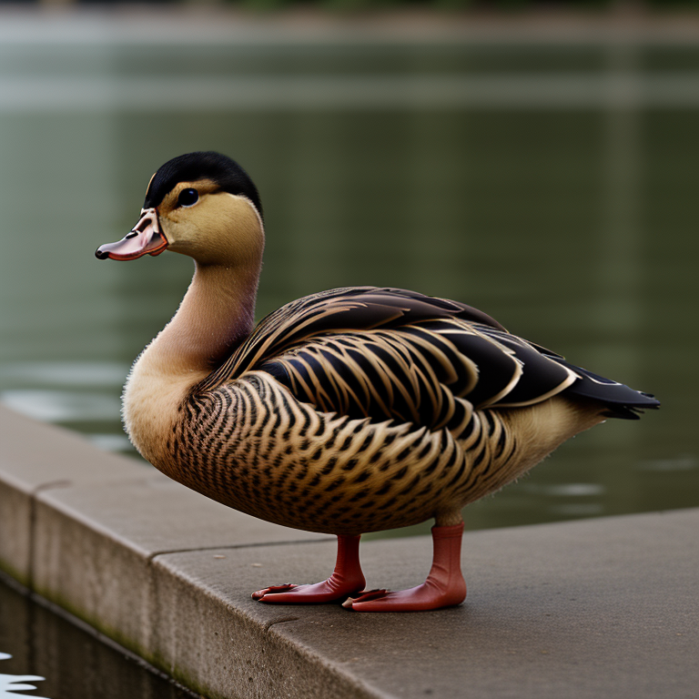 A Beautiful Duck Standing Gracefully by the Tranquil Water's Edge.