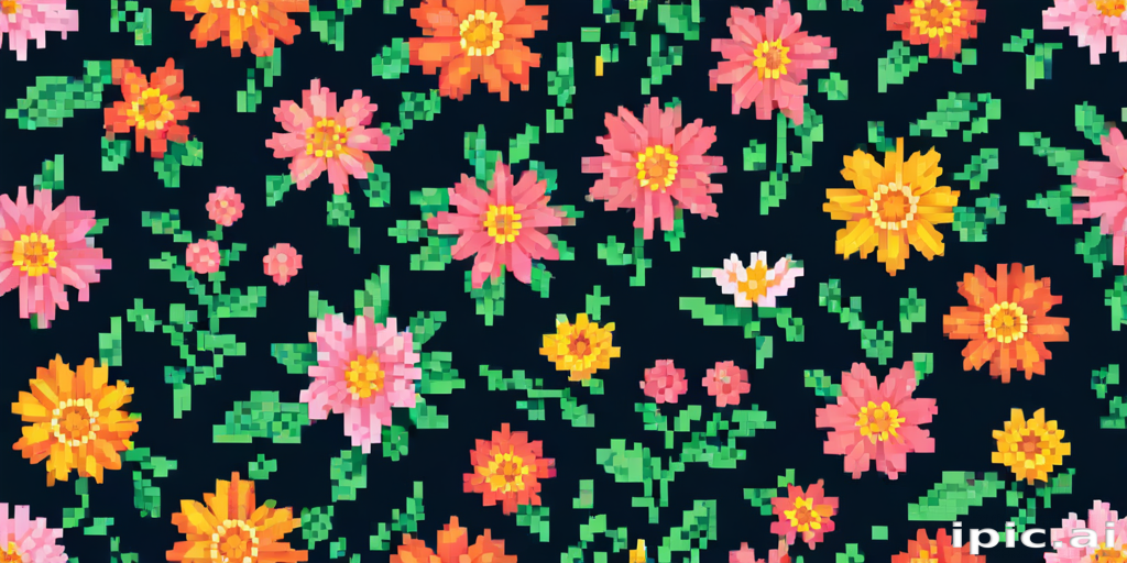 Colorful Pixelated Floral Design Featuring Vibrant Flowers and Green Leaves