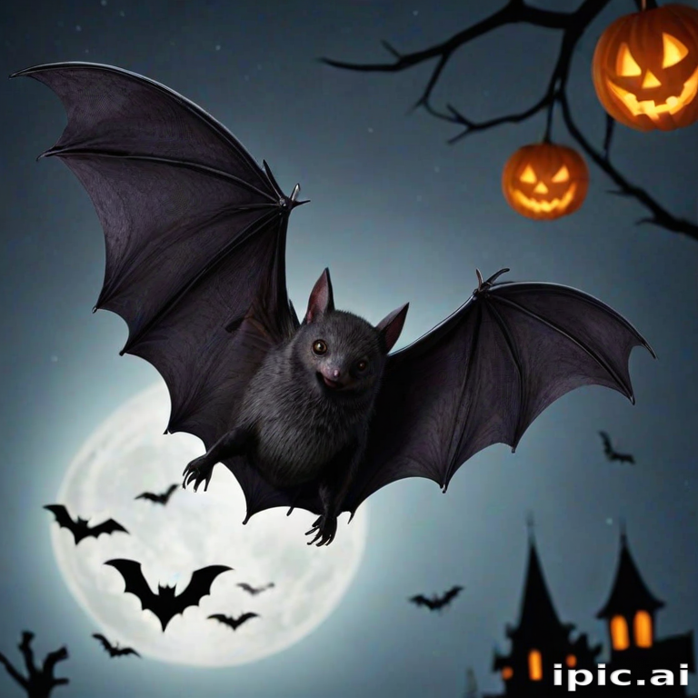Spooky Bat Flying Under a Full Moon with Halloween Pumpkins