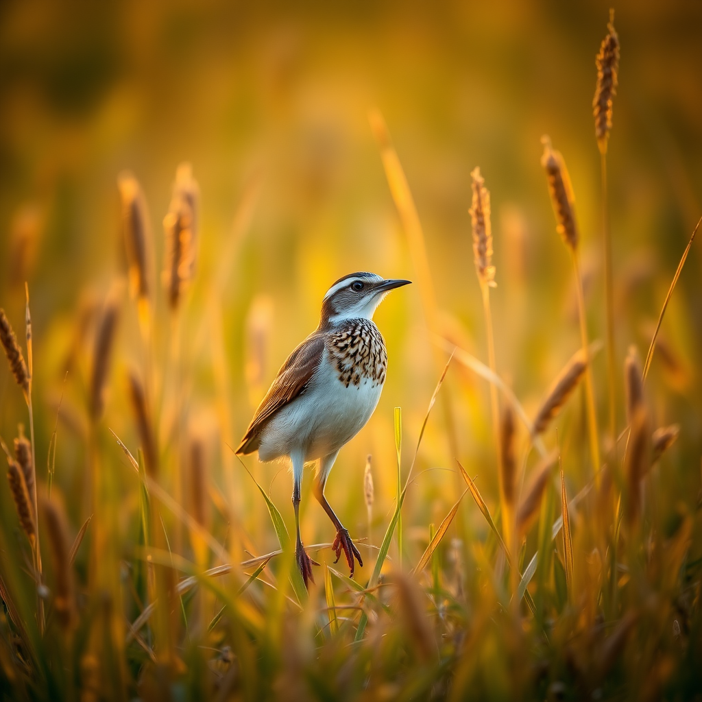 Capture a close-up of a bird standing in tall grass during golden hour ...