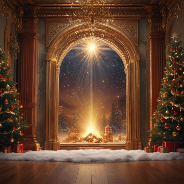 Cozy Holiday Scene with Christmas Trees and a Glowing Fireplace