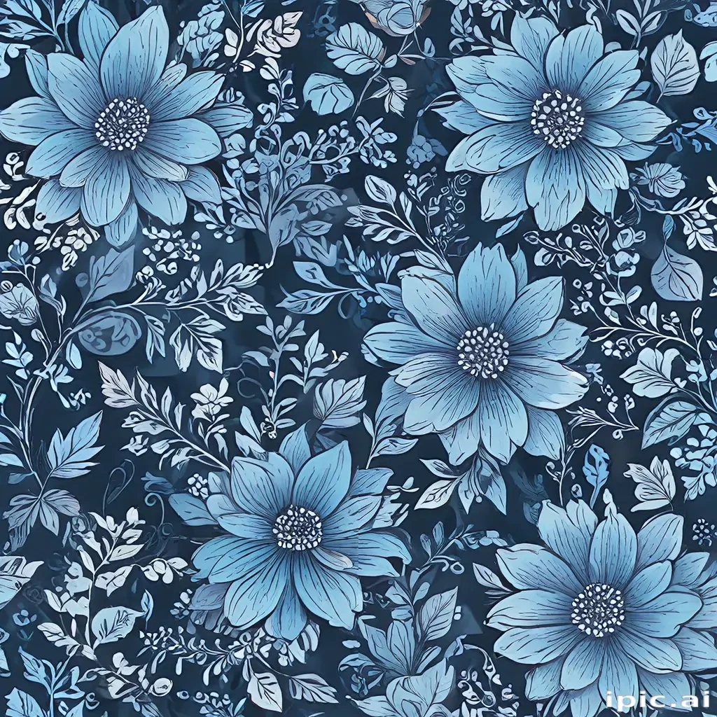 Elegant Blue Floral Pattern on Dark Background with Delicate Leaves and ...