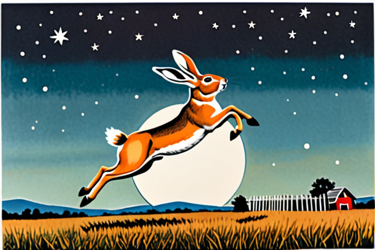 Jackalope lithograph style jumping over the moon on a farm