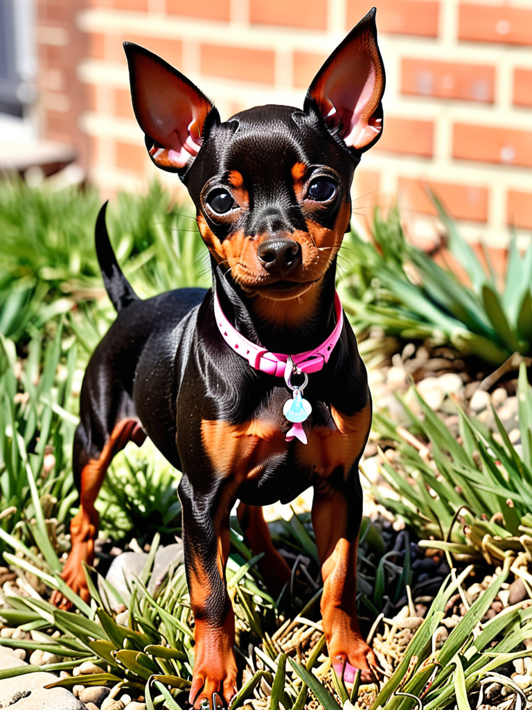 Adorable Miniature Dog with Big Ears Posing in a Green Garden