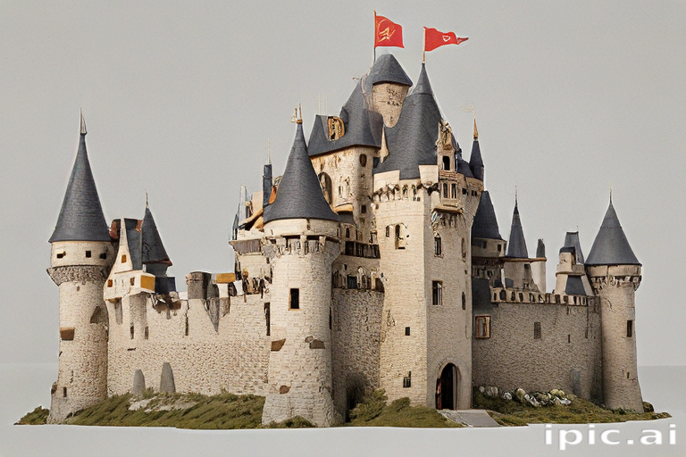 Intricate Model of a Medieval Castle with Distinctive Flags and Turrets