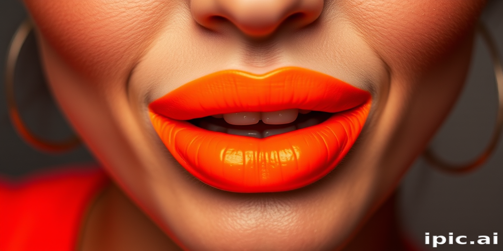 Vibrant Close-Up of Bold Orange Lipstick with Glossy Finish and Expression
