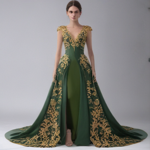 flowing gown made of emerald green fabric with intricate leaf patterns ...