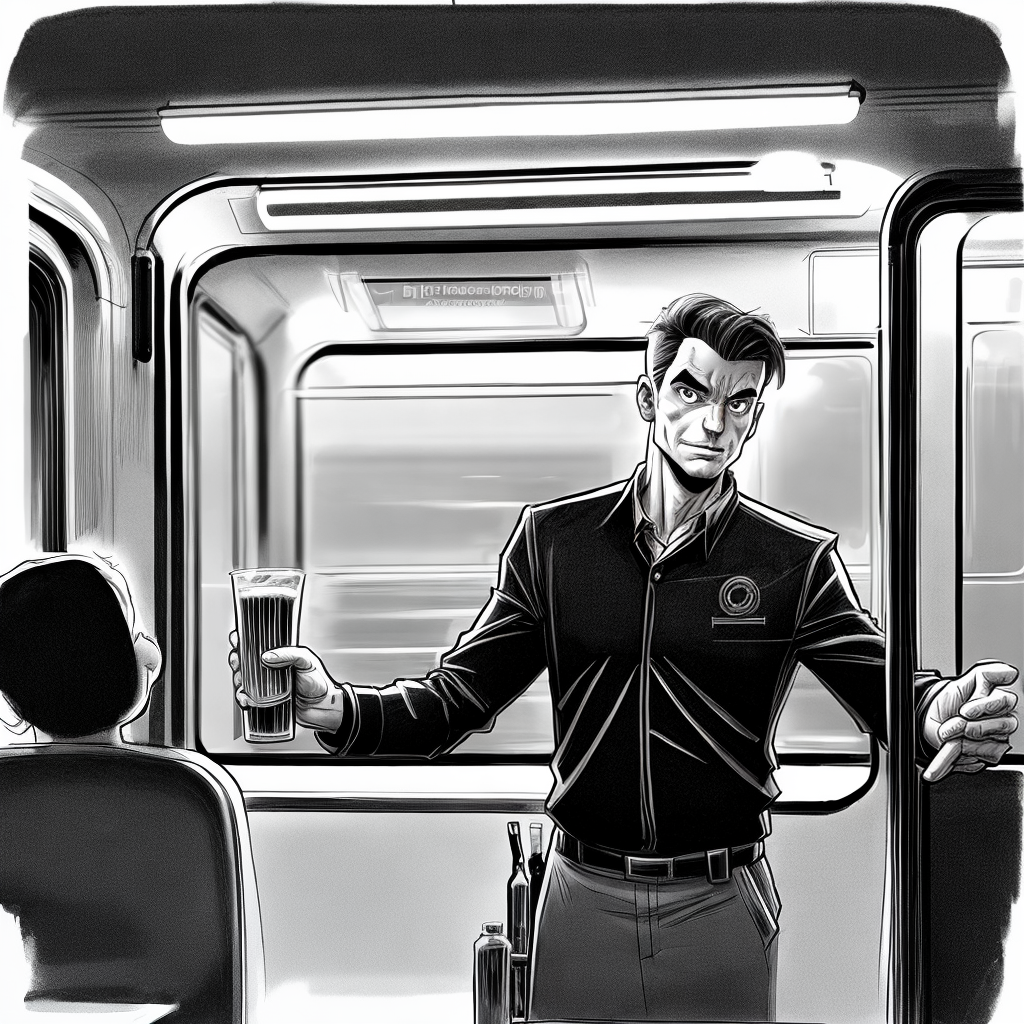 BARTENDER IN SUBWAY TRAIN. WIDE ANGLE. BLUR BACKGROUND. COMIC BOOK ...