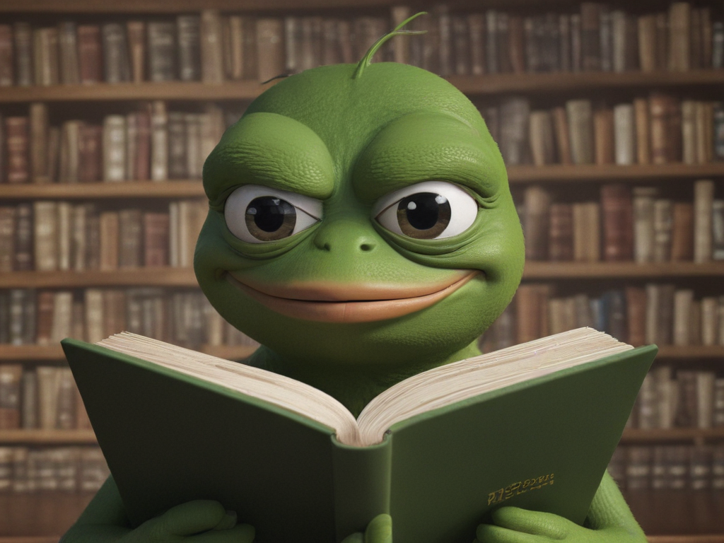 "Pepe the meme coin" reading a book titled "book of base" in a ...