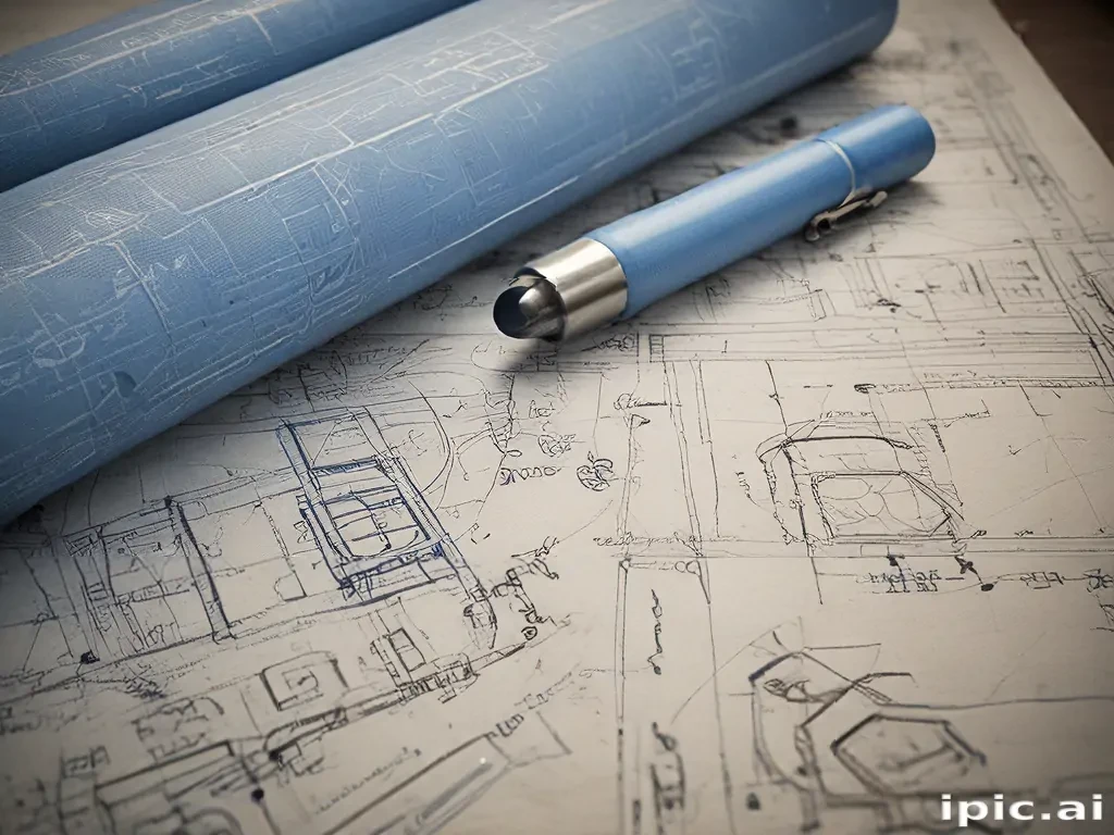 Detailed Architectural Blueprints and a Sleek Pen on Drafting Paper