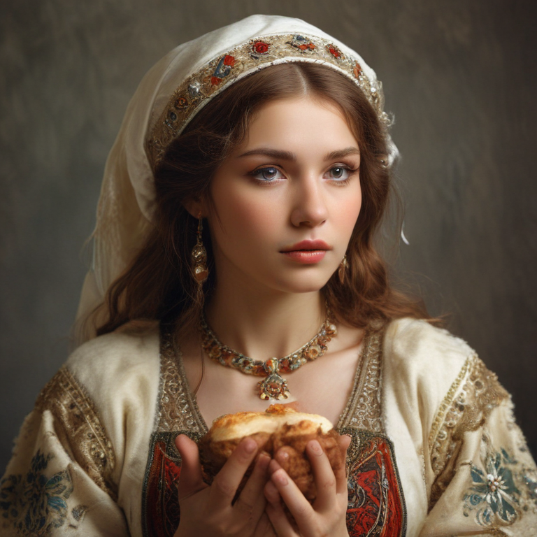 A Young Woman in Historical Dress Holding a Freshly Baked Loaf of Bread