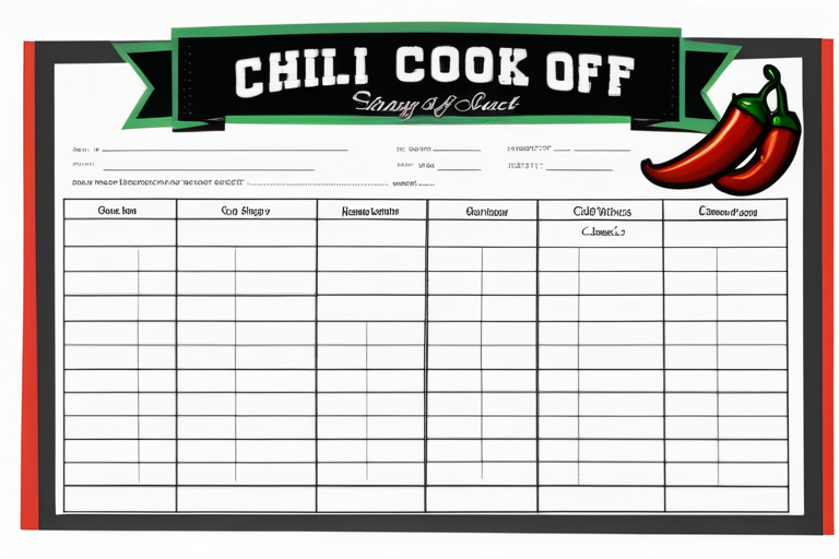 Chili Cook Off Score Sheet for Judging and Participant Information