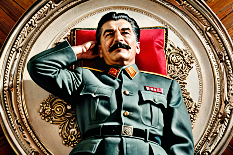 Josef Stalin with closed eyes laying on back near table on the floor ...