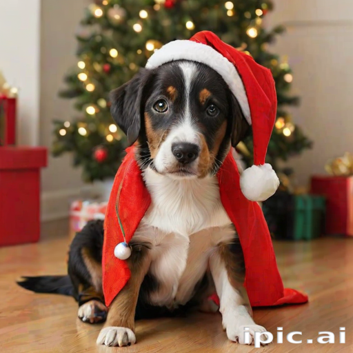 Adorable Puppy Dressed in Santa Hat and Red Cape for Christmas Celebration