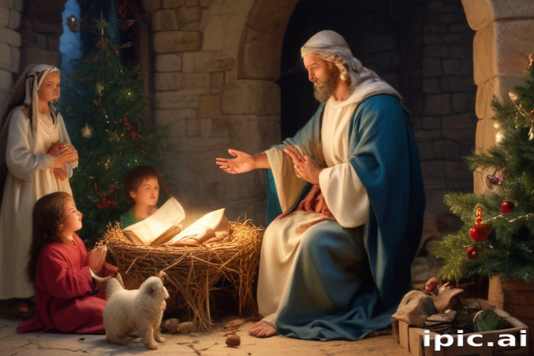 Joyful Family Gathering Around the Nativity Scene During Christmas ...