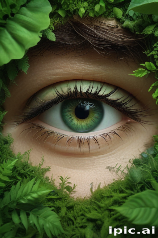Nature's Gaze: A Close-Up of an Eye Surrounded by Lush Greenery