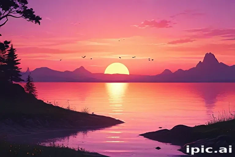 Serene Sunset Over Tranquil Lake with Majestic Mountains and Colorful Sky