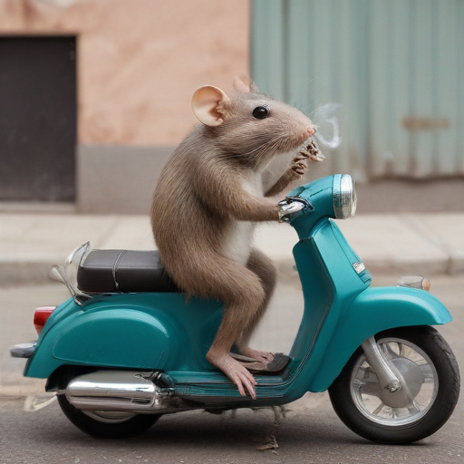 A cartoon rat smoking a bong whilst riding a moped