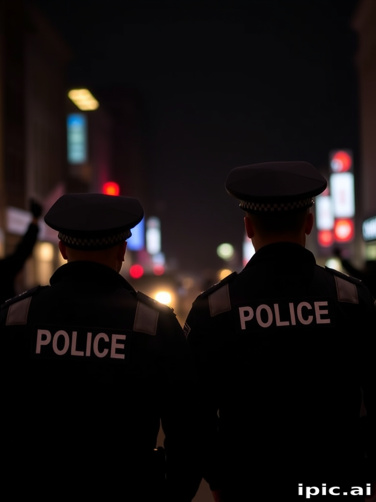 Police Officers Standing Together at Night in a Bustling City Street