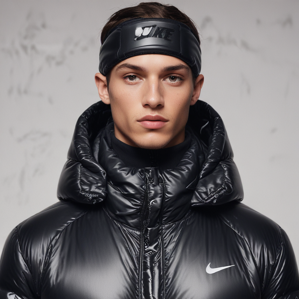 Male supermodel nike shiny puffer jacket bling jewellery hood headband