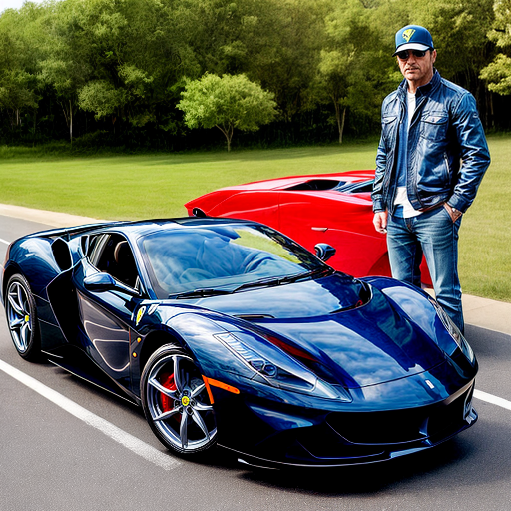 A guy standing like a tough guy next to a ferrari