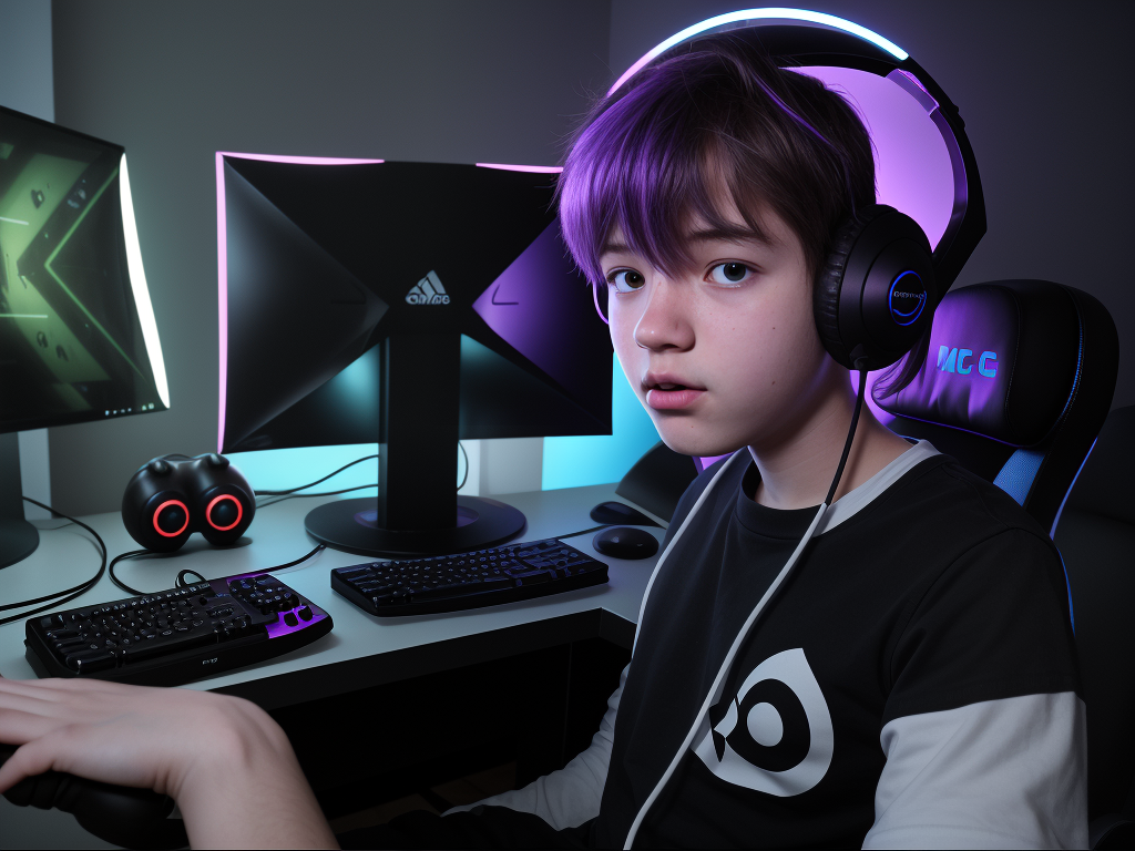 Young Gamer Focused on Screen with Headset and Colorful Setup