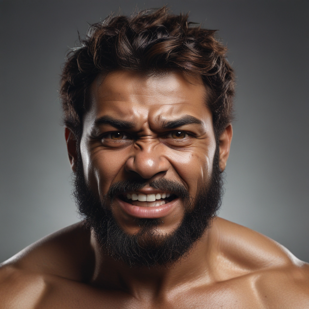 Intense Expression of Anger and Determination Captured in Studio Lighting
