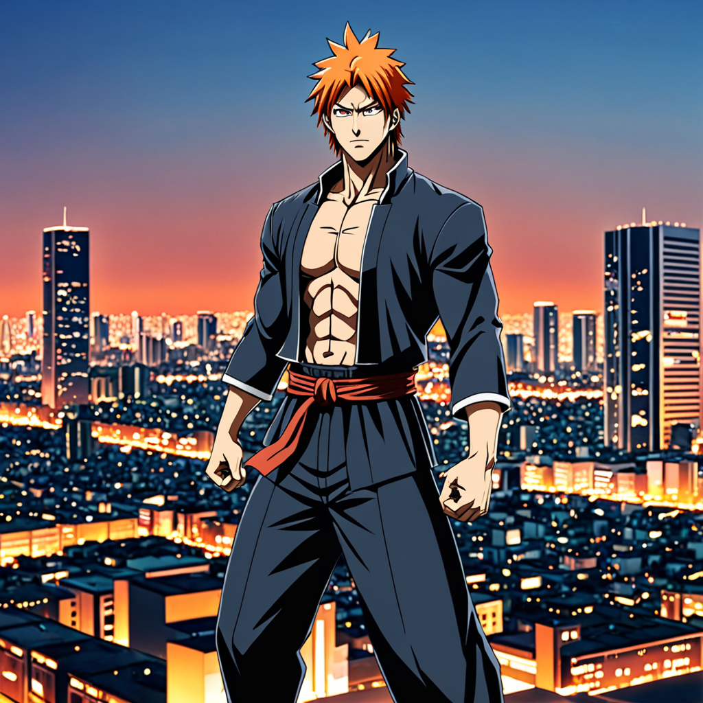 anime fighter in a dinamic pose in anime bleach style with a city ...