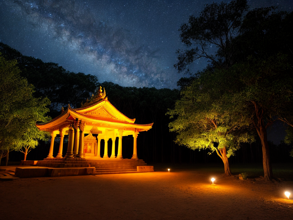 An indian temple in forest at night