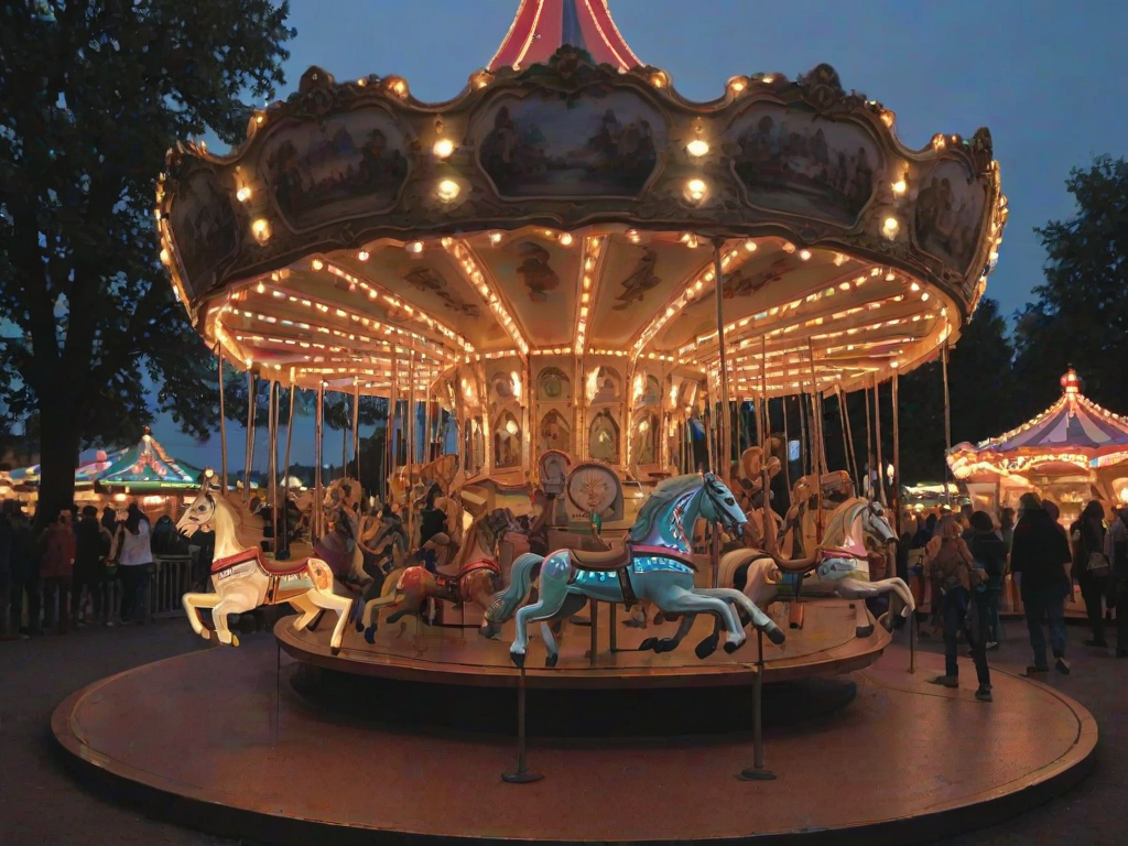Charming Carousel at Dusk: A Magical Ride with Glowing Horses