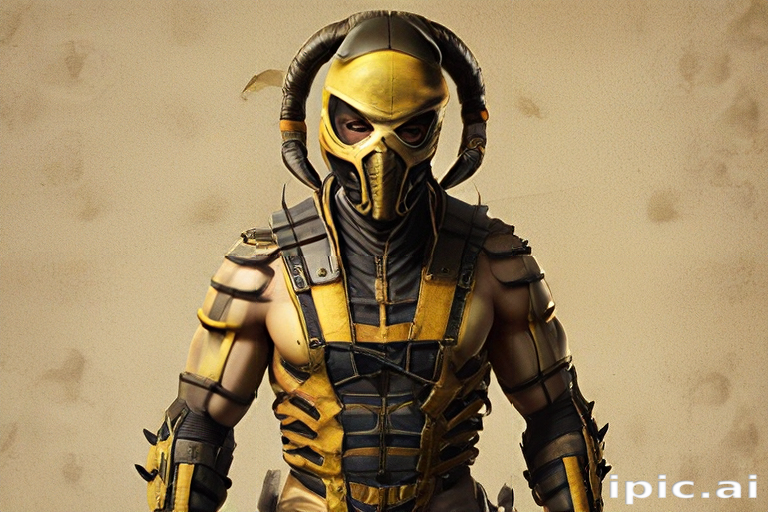 Epic Heroic Pose of a Fierce, Masked Warrior in Yellow and Black Armor