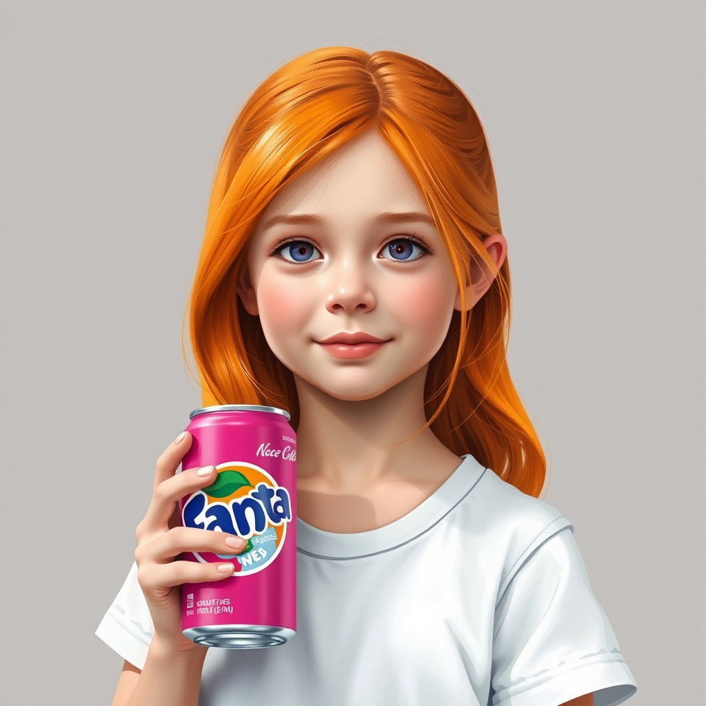 A Young Girl with Bright Red Hair Enjoying a Can of Fanta.
